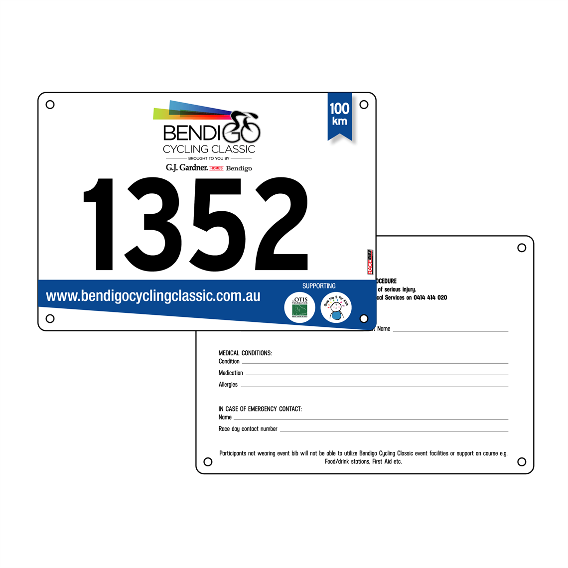 Race Bibs Australia - Full Colour Front, Black and White Reverse Race Bibs